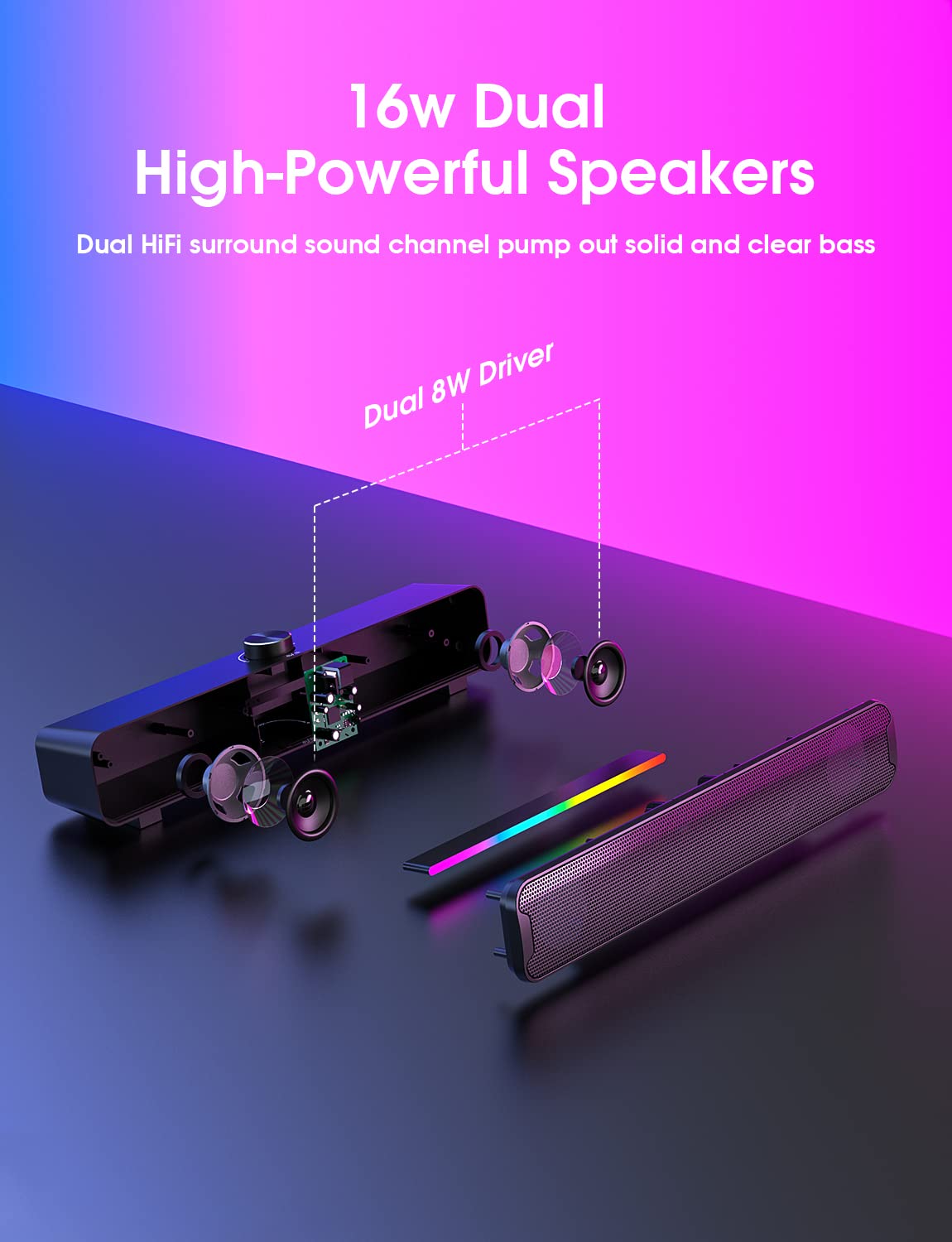 NOOTRY Computer Speakers, Bluetooth RGB Laptop SoundBar, 16W Dual HiFi Stereo with 6 LED Color Mode Soundbar, USB Powered Computer Speakers for Monitor, Phone, PC, Laptop