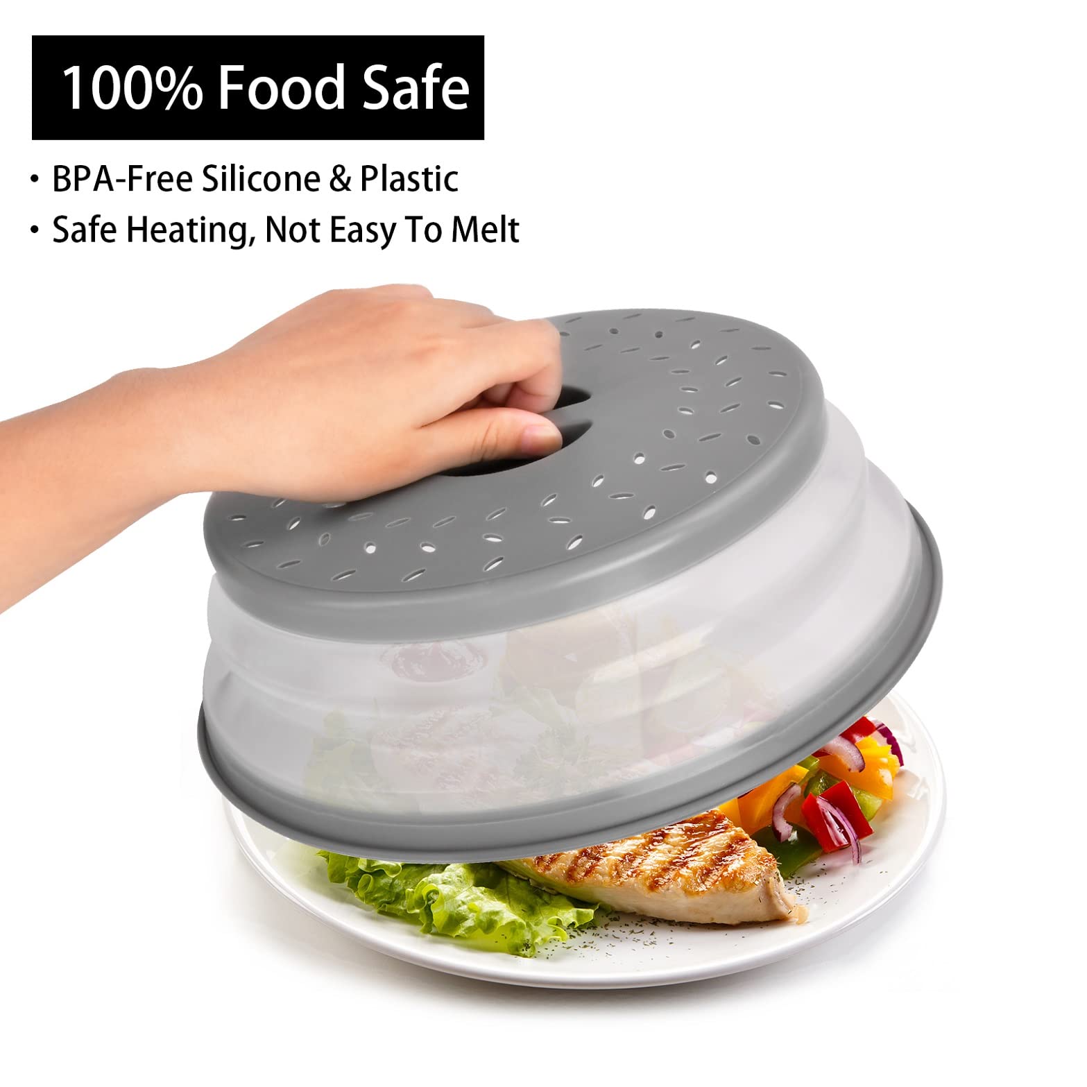 Microwave Splatter Cover for Food, Vented Collapsible Microwave Plate Cover with Easy Grip Handle,BPA-Free Silicone & Plastic, Gray, 10.5 inch