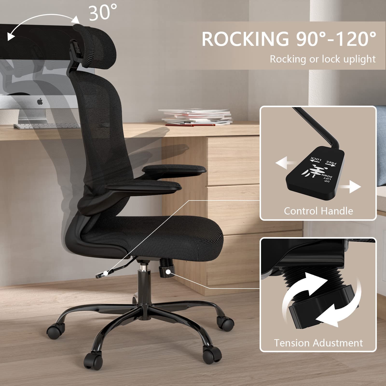 Ergonomic Office Chair, Comfortable Swivel Computer Chair, Breathable Mesh Desk Chair, High Back Home Office Chair with Flip-up Arms and Lumbar Support