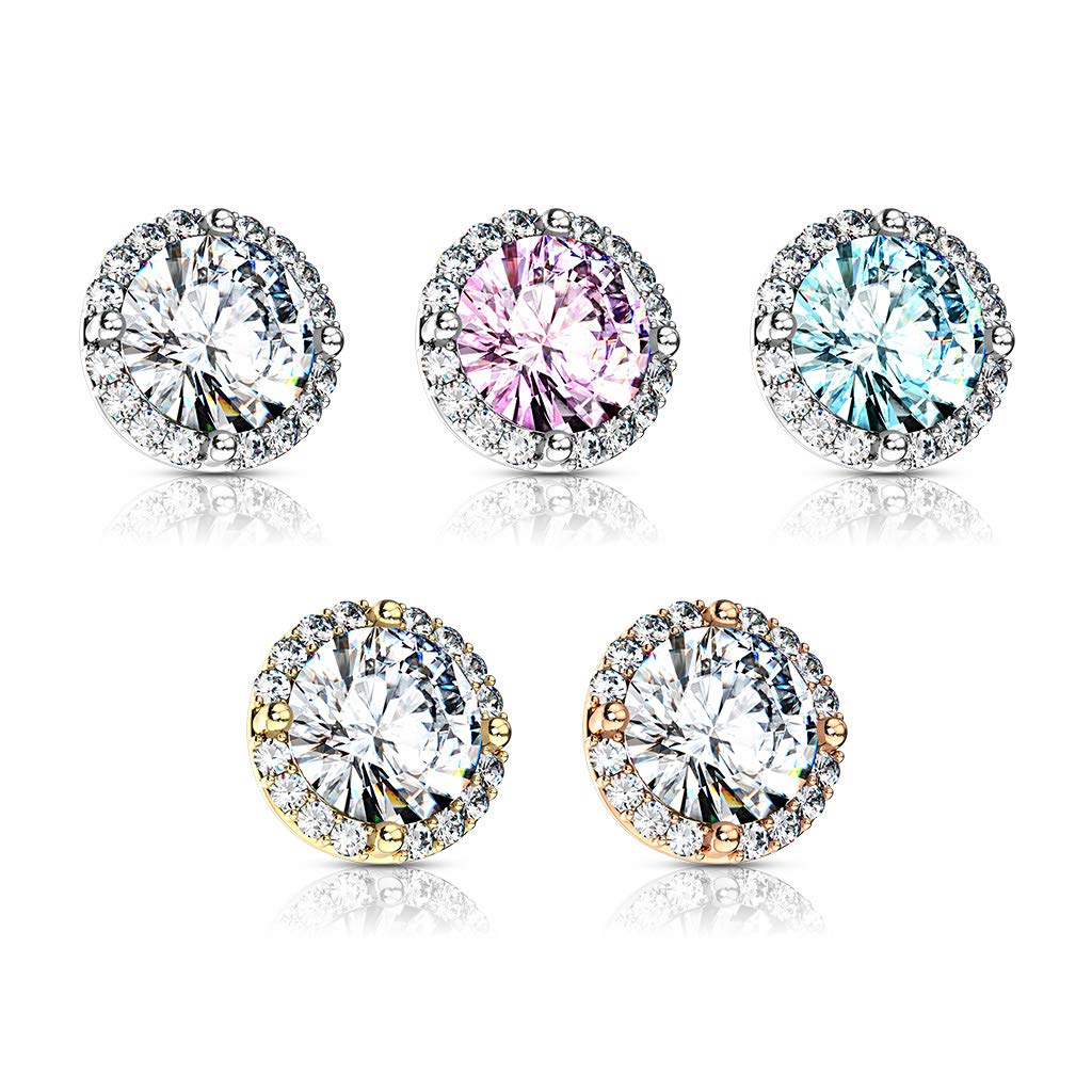 FIFTH CUE 14G Round Prong Set CZ Center w/CZ Around 316L Surgical Steel Internally Threaded Dermal Top (Clear/Aqua)
