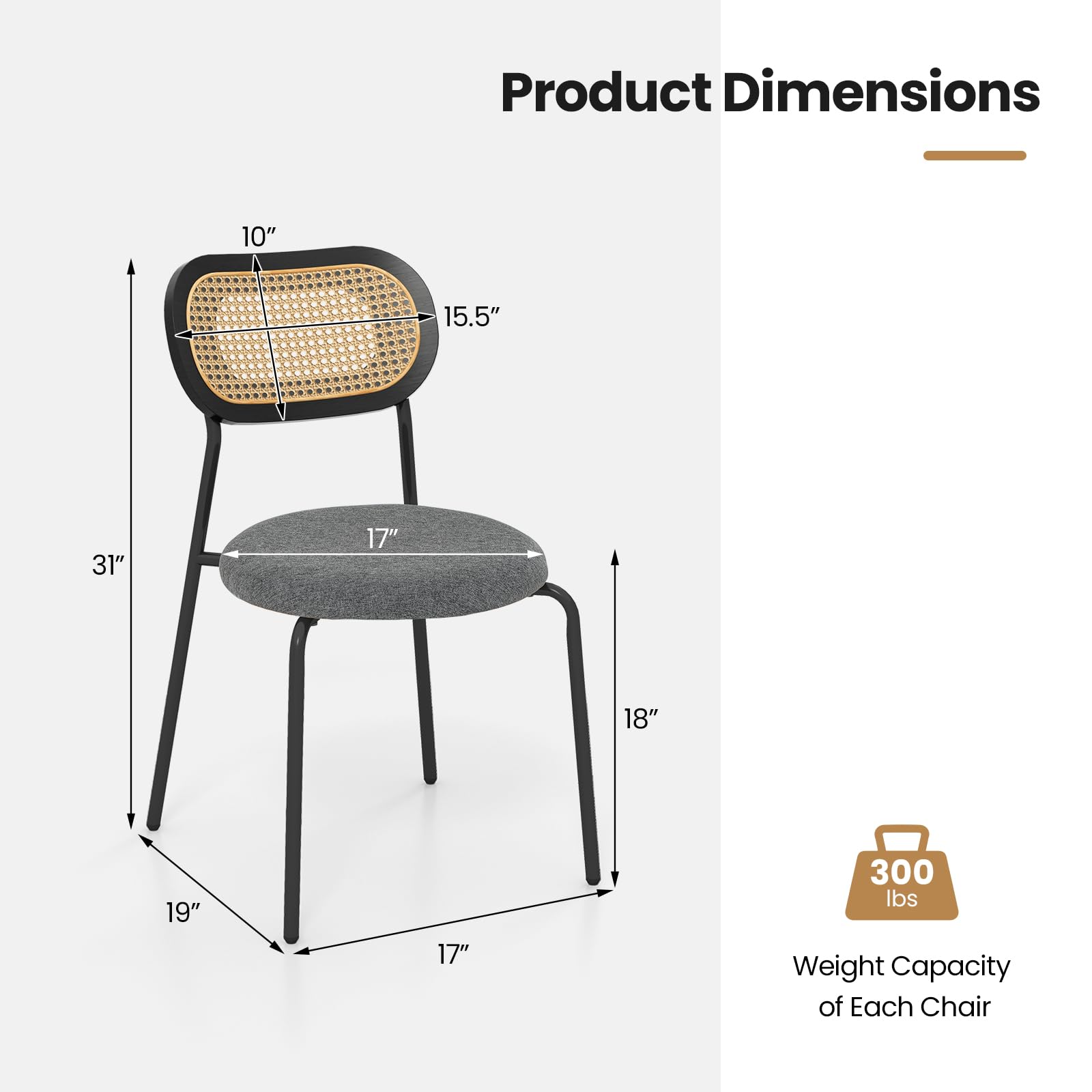 Giantex Rattan Dining Chairs Set of 2, Upholstered Kitchen Chairs with Metal Legs, Max Load 300 Lbs, PU Leather Dining Side Chairs with Round Padded Seat, Modern Dinner Chair for Dining Room, Brown