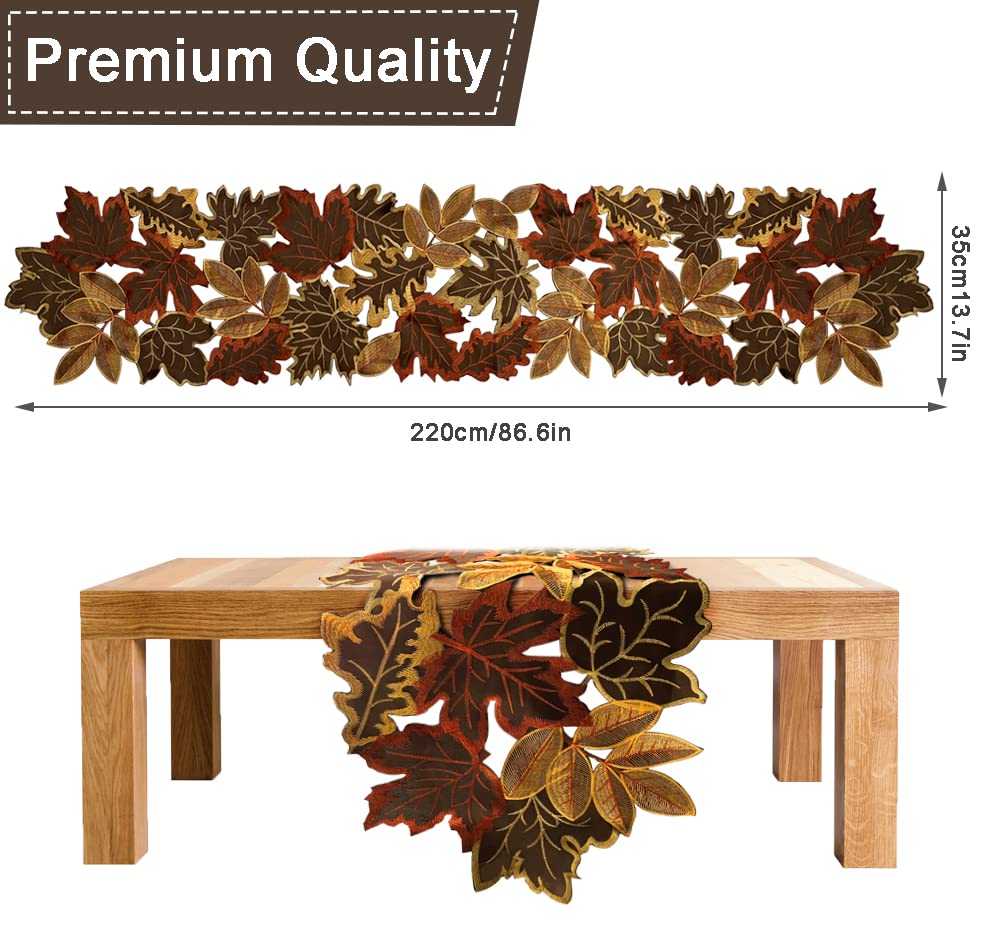Fall Thanksgiving Table Runner with Embroidered Maple Leaves, Farmhouse Fall Thanksgiving Table Harvest Decor (13.7 × 86.6 inches)
