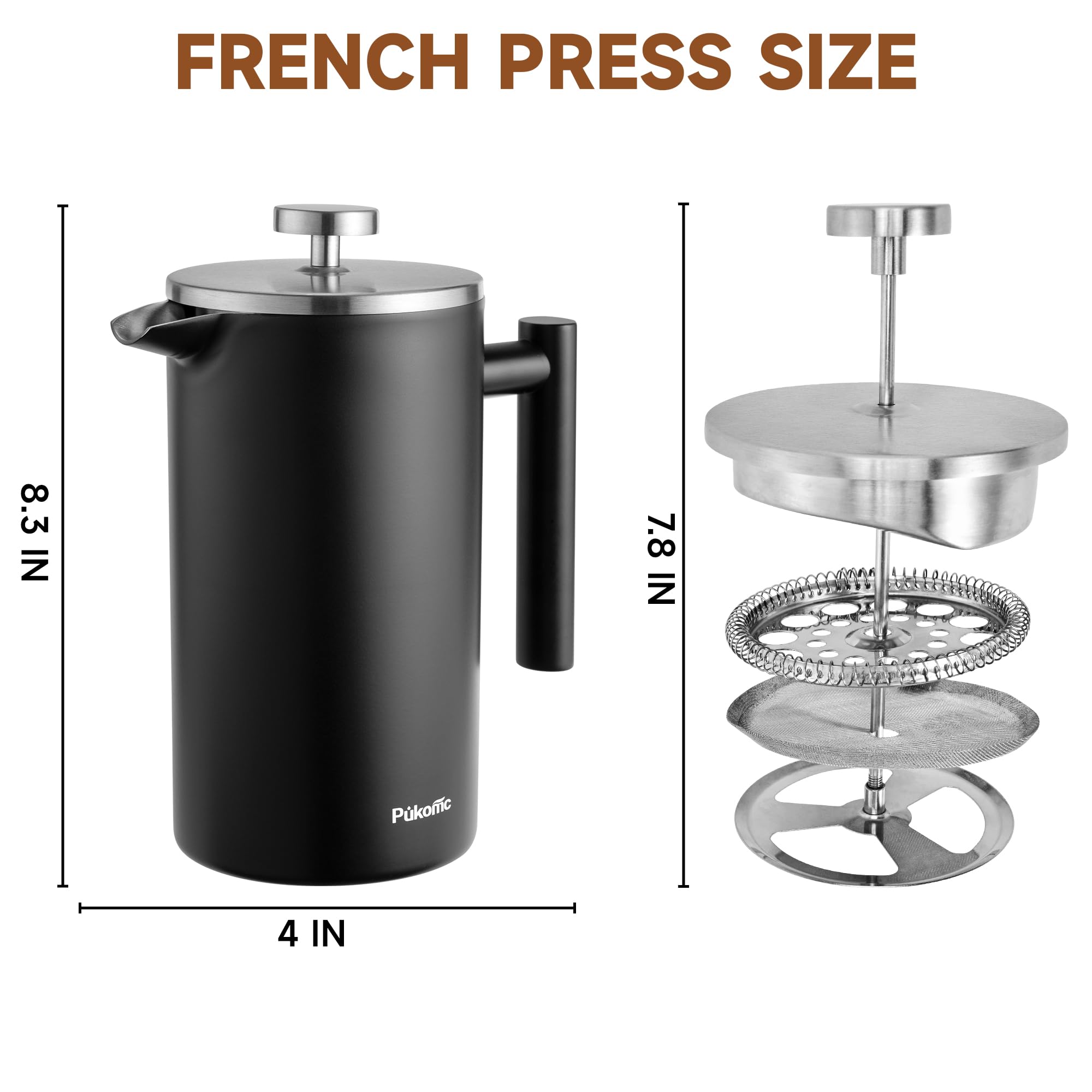Pukomc French Press Coffee Maker, 34oz (1 Litre) Coffee Press with Double Wall Vacuum Insulated & 304 Grade Stainless Steel,Black