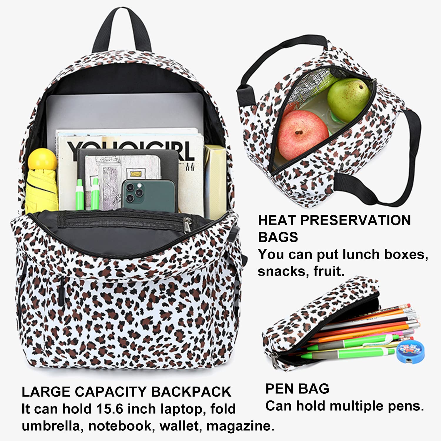 Teen Girls Backpack School Book Bag Set with Lunch Box and Pencil Case for ladies and women… Brown