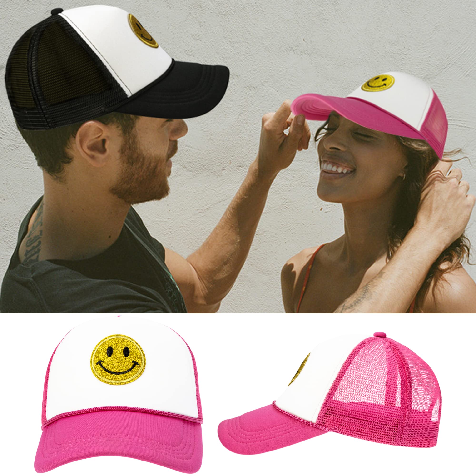 IZUS Women Preppy Trucker Hats,Teen Crown-Foam Mesh-Back Baseball Cap,Men Smiley-Face Adjustable Snapback Dad Hat 22"