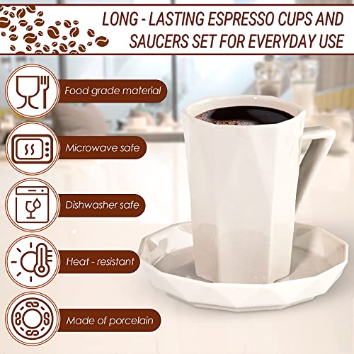 Porcelain Espresso Cups Set of 4 with Saucers - Comes with a Complimentary Espresso Drink Poster - Modern Dishwasher Safe Espresso Cup Set in Gift Box for any Occasion - 3.5 oz each, Ivory White.