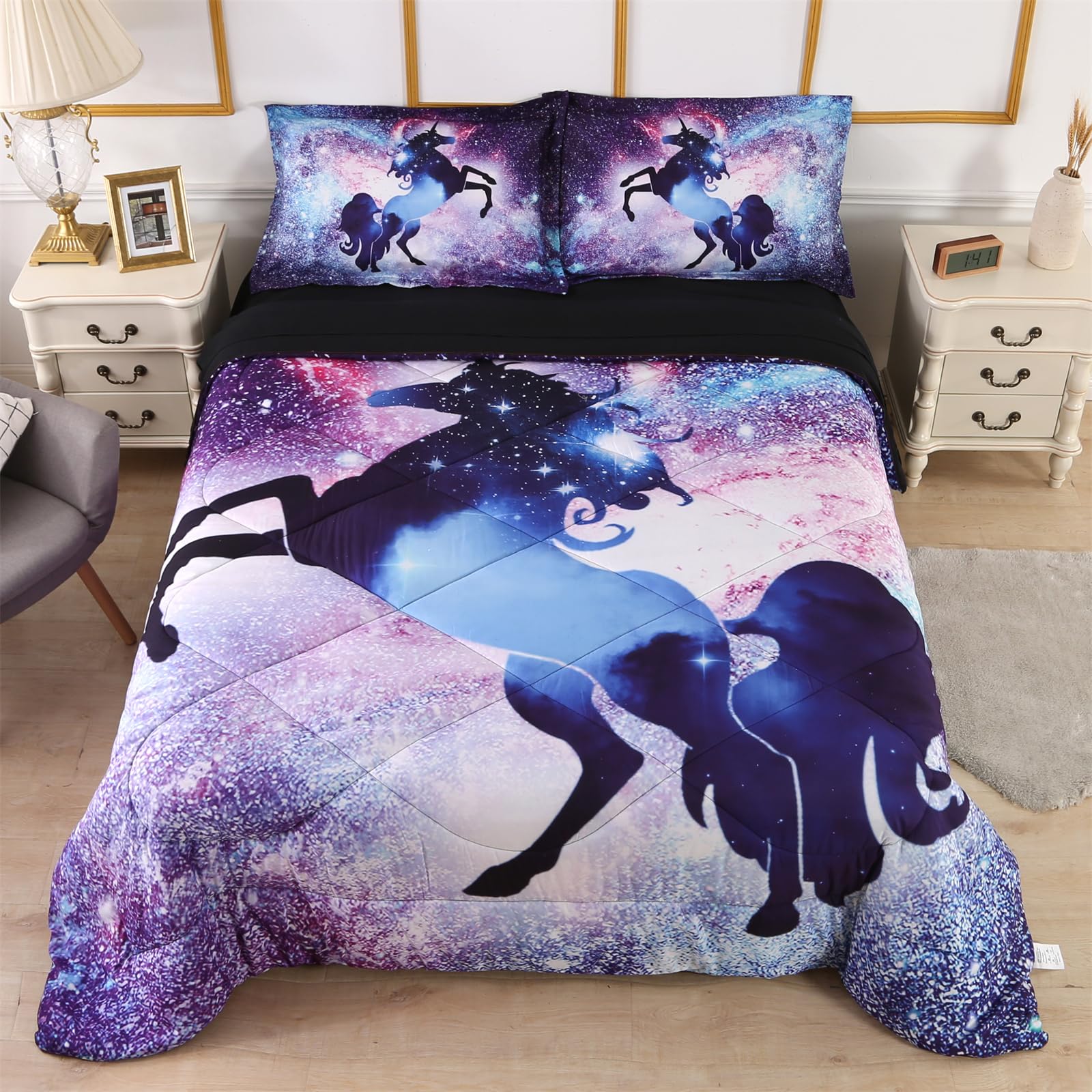 Wowelife Unicorn Twin Comforter Set for Girls 5 Pieces Blue Galaxy Bedding Set Unicorn Bed Set Twin Size Kids Bed in a Bag with Comforter, Flat Sheet, Fitted Sheet and 2 Pillowcases