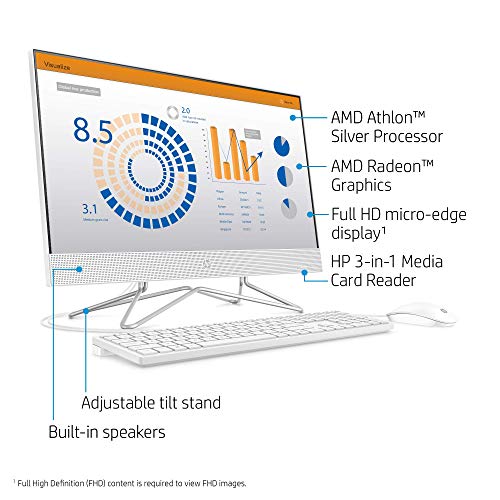 HP 24-inch All-in-One Desktop Computer, AMD Athlon Silver 3050U Processor, 8 GB RAM, 256 GB SSD, Windows 10 Home (24-dd0010, White) (Renewed)