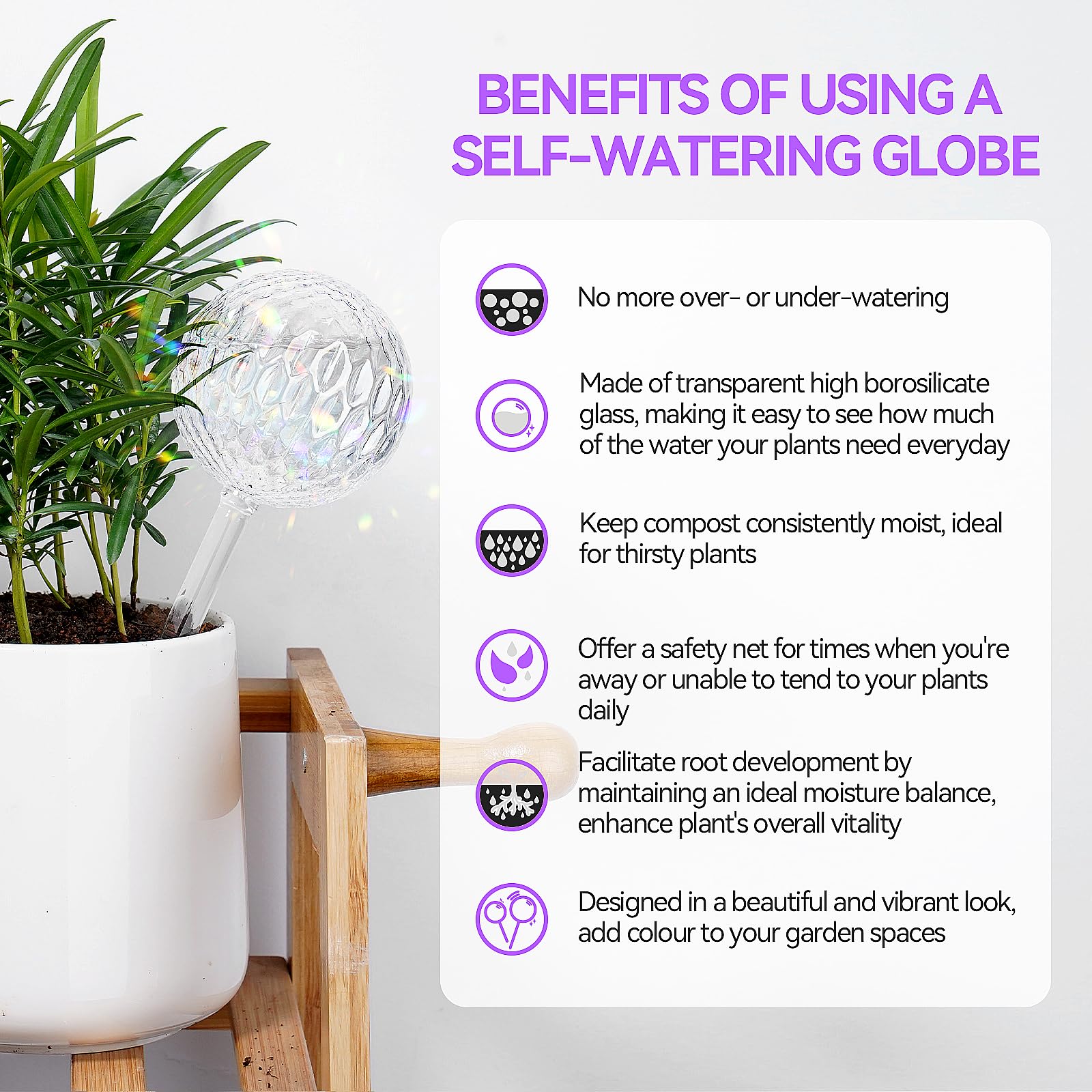 KBCSUN 2pcs Plant Watering Globes, Patterned Glass Iridescent Rainbow Gradient, Auto Waterer Self Watering Planter Insert Stakes, Plant Accessories Indoor