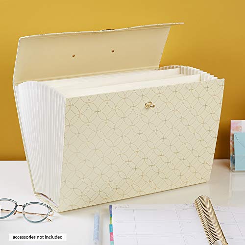 Erin Condren Designer Desk Accessories - Mid Century Circles Outline Accordion File Organizer Box. Features Beautiful, Metallic Gold Concentric Circles Outline Pattern