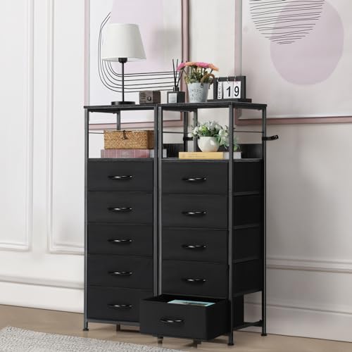 YBING Tall Nightstand 5 Drawer Dresser for Bedroom Vertical End Table Chest for Nightstand, Open Shelf, Steel Frame, Bedside Table Black