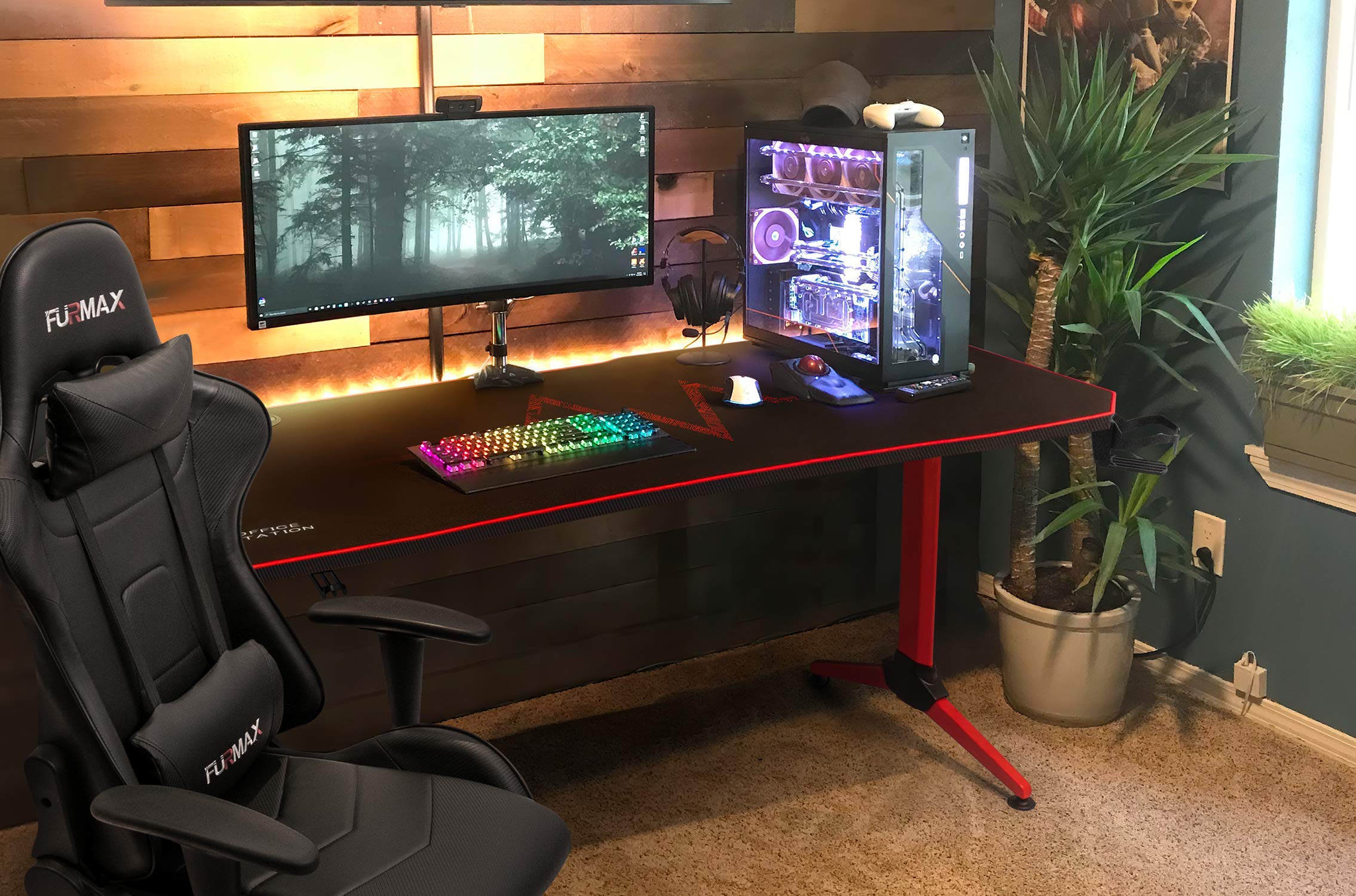 Furmax Gaming Desk T-Shaped Pc Computer Table with Carbon Fiber Surface Free Mouse Pad Home Office Desk Gamer Table Pro with Game Handle Rack Headphone Hook and Cup Holder (Red, 55 Inch)