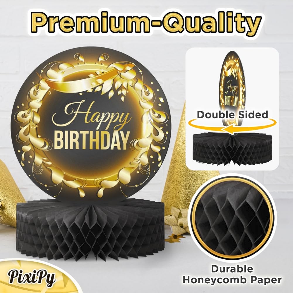 Happy Birthday Table Decorations Centerpieces - 4-Pack Double Sided Happy Birthday Centerpieces for Tables - 12β Black and Rose Gold Birthday Party Decorations Centerpieces