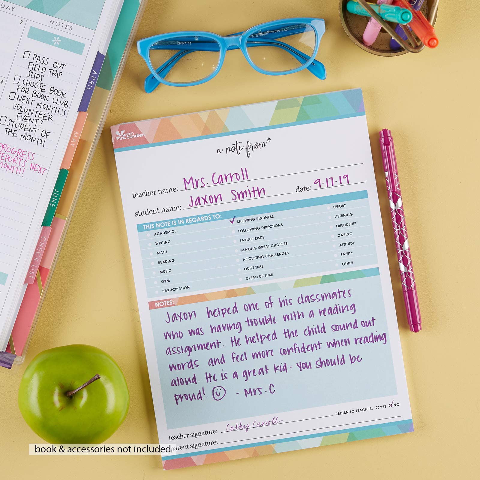 Erin Condren Notepad - A Note from The Teacher. Notepad with 25 Sheets to Help Track Student Performance with Parent Signature. Pre-Printed Messages for Convenience