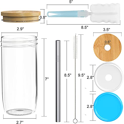 Glass Cups Set( 4 Pack) - 24oz Mason Jar with Lid and Straw Reusable Iced Coffee Cup Wide Mouth Bubble Cups, Smoothie Bobo Cup w 12 Airtight Lids Brush, Travel Glass Drinking Bottle, Juice