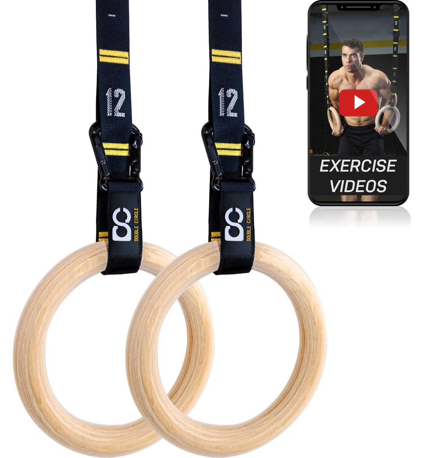 Double Circle Wood Gymnastic Rings 1.1 Inch, Numbered Straps and Exercise Videos Guide for CrossFit, Bodyweight Training, and Gym