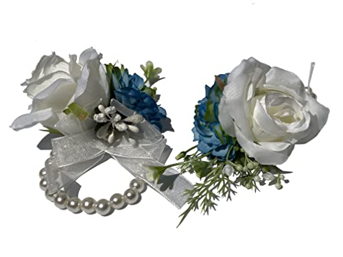 Wrist Corsage Set 2 for Wedding, Ivory and Dusty Blue Rose Corsage Bracelet for Anniversary, Formal Dinner Party and French Fall Vintage Wedding, Prom Flower