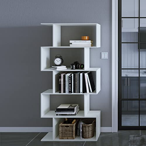 Yusong Bookshelf 5-Tier, Geometric Bookcase S Shaped Book Shelves for Bedroom, Modern Wood Decorative Display Shelf Book Case for Home Office, White