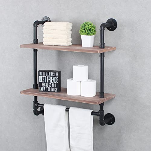 OUBITO Rustic Floating Shelf,Industrial Pipe Shelving,24inch Bathroom Shelves Wall Mounted with Towel bar,Metal Wall Shelf,2 Tier Towel Rack,Floating Shelves,Black