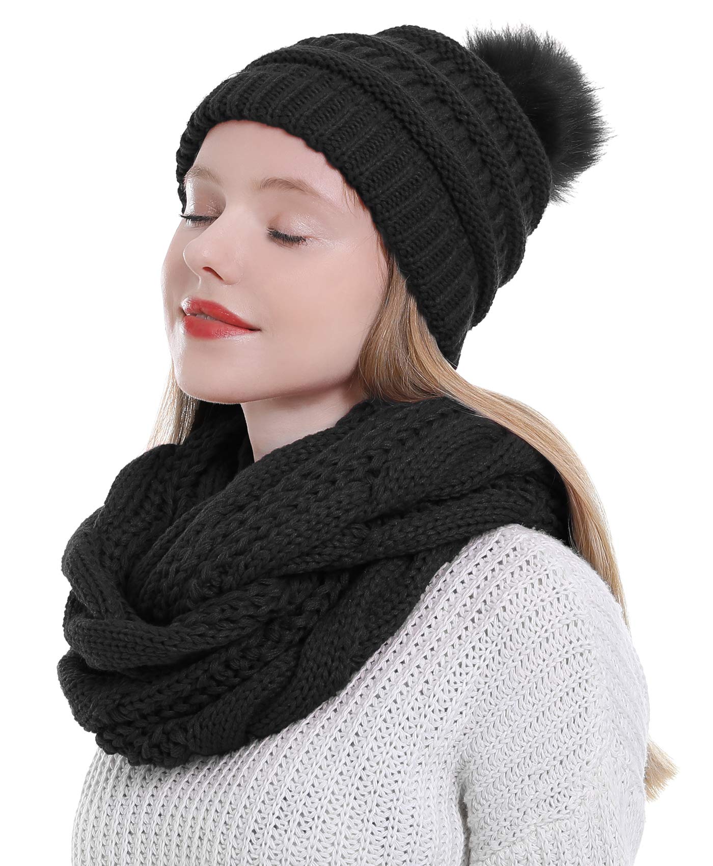 Double Couple Womens Scarf Beanie Hat with Faux Fur Ball Set Thick Winter Cable Knitted Circle Loop Infinity Scarfs for Women (Black Pom Pom Set)