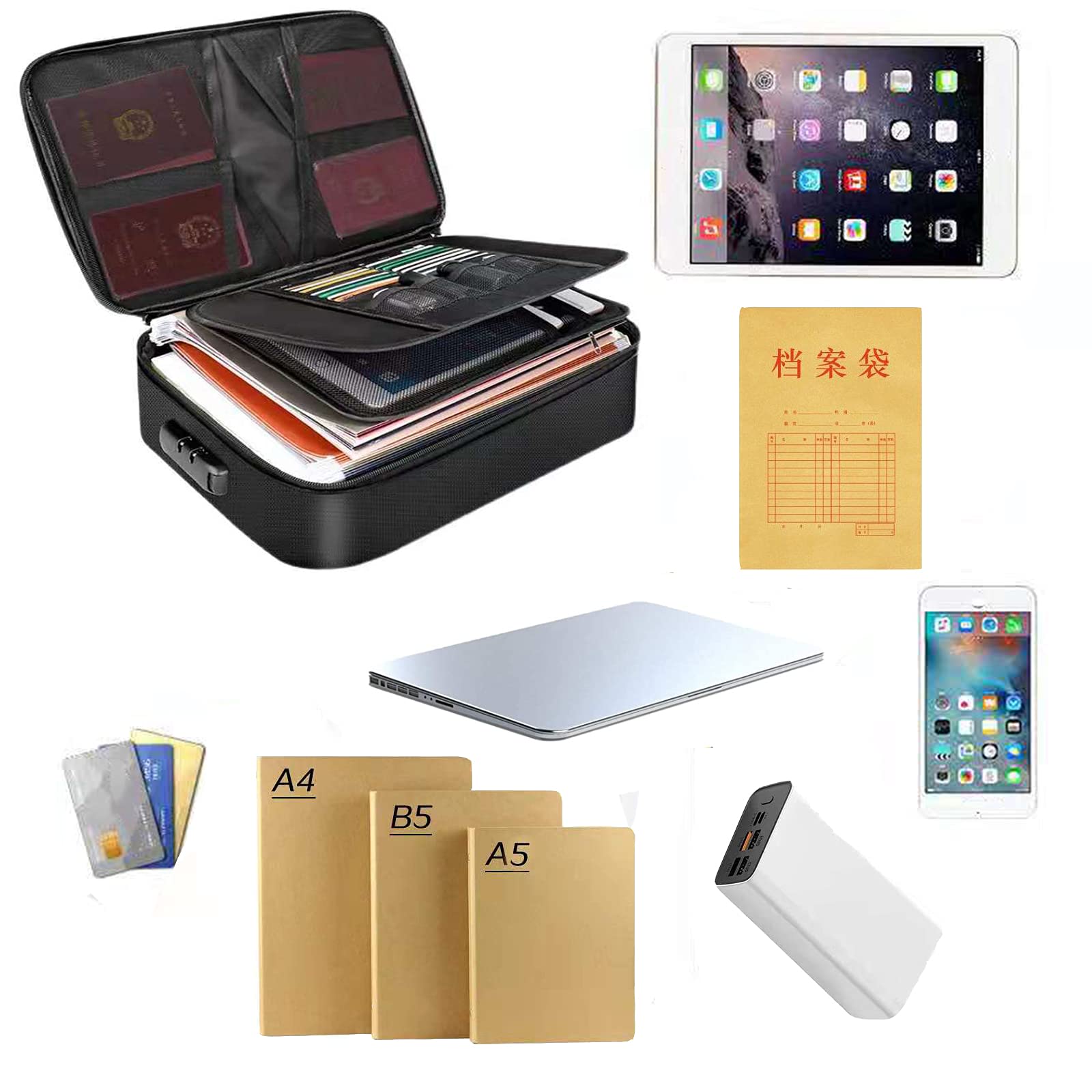 File Organizer Bags,Fireproof Document Bag with Money Bag,Home Office Travel Safe Bag with Lock,Multi-Layer Portable Filing Storage for Important File Passport Certificates Legal Documents