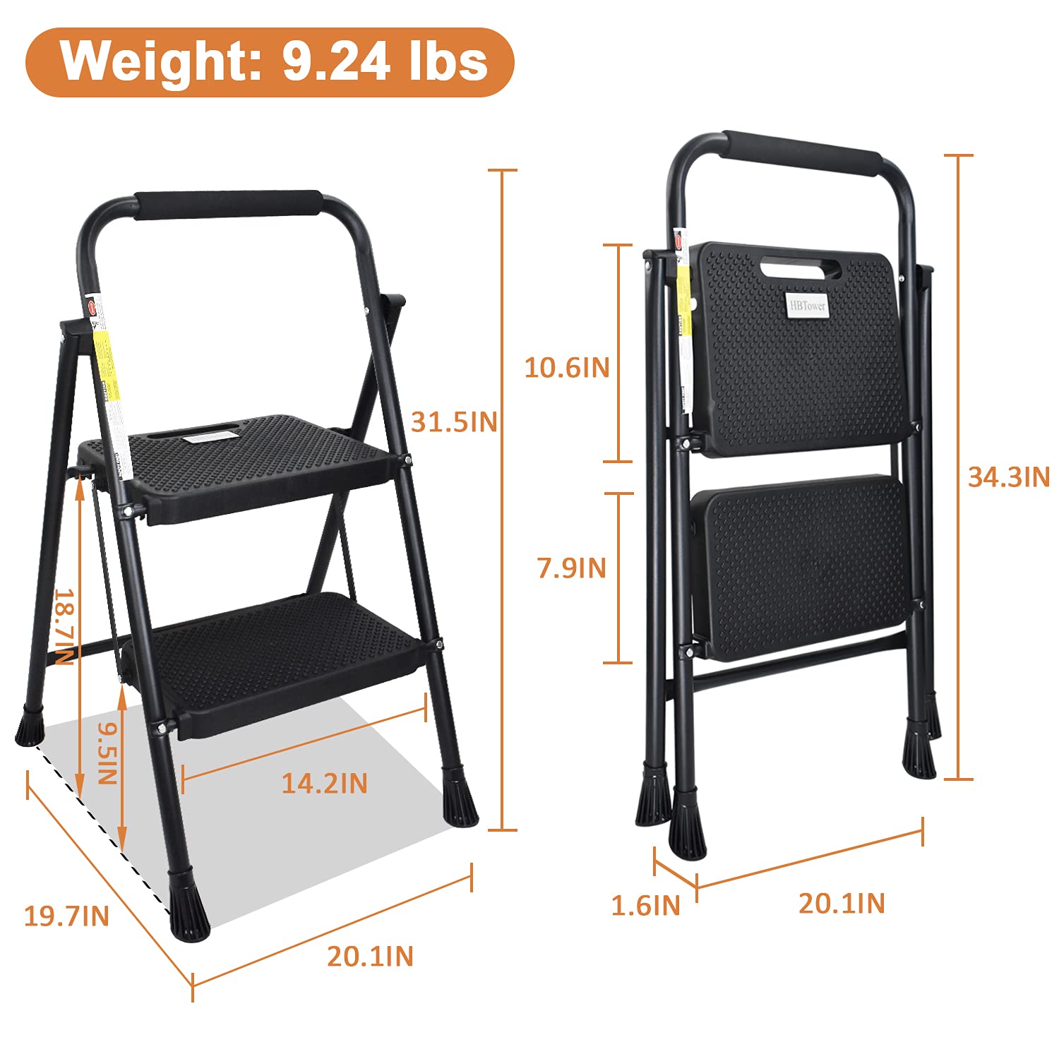 HBTower 2 Step Ladder, 500 lbs Folding Step Stool with Anti-Slip Wide Pedals, Sturdy Steel Ladder, Convenient Handgrip, Lightweight Portable Step Stool Black