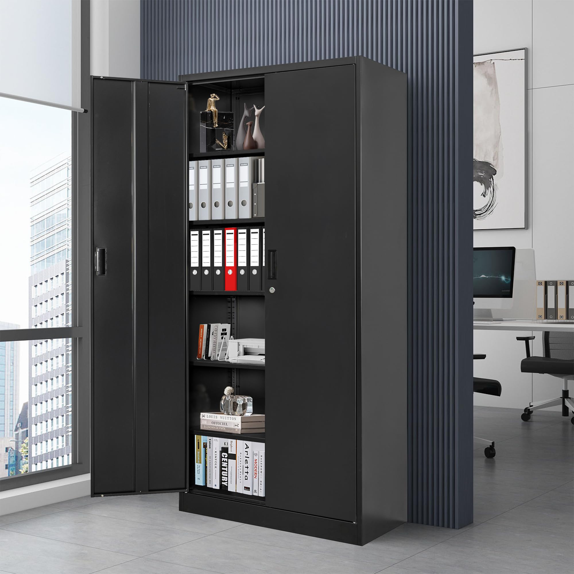 YEEZER Metal Storage Cabinet 71β with 2 Doors and 5 Adjustable Shelves, Garage Steel Locking Cabinet, Tall Cabinets Lockable File Cabinet for Home, Office, Garage, Gym, School. (Black)