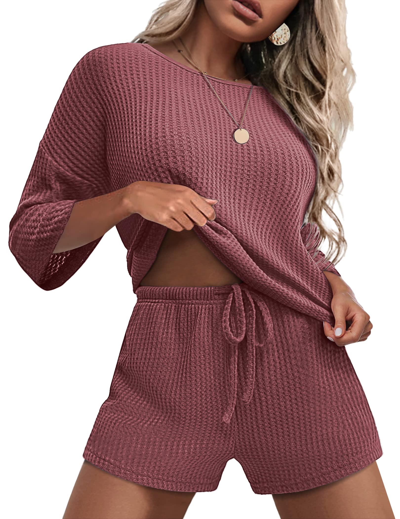 Ekouaer Women Soft Waffle Shorts Pajamas Set