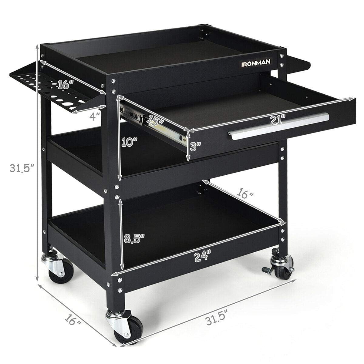 IRONMAX 3 Tier Tool Chest, Heavy Duty Industrial Utility Service Cart with Drawer & Wheels, Rolling Mechanic Tool Box Organizer for Garage Warehouse Workshop Repair Shop Office, 330 LBS Capacity