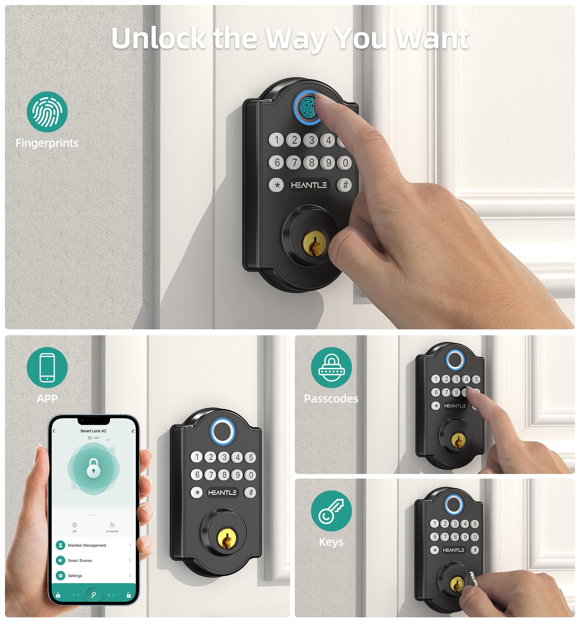 Front Door Lock Set, HEANTLE Smart Locks with Handle, Electronic Keyless Entry Door Lock, Digital Keypad Deadbolt, Auto Lock One-time Passcode for Home, Family
