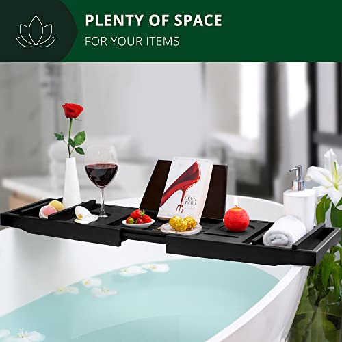 ROYAL CRAFT WOOD Luxury Bathtub Caddy Tray, 1 or 2 Person Bath and Bed Tub Table with Extending Sides, Adjustable Organizer Tray for Bathroom - Free Soap Dish (Black)