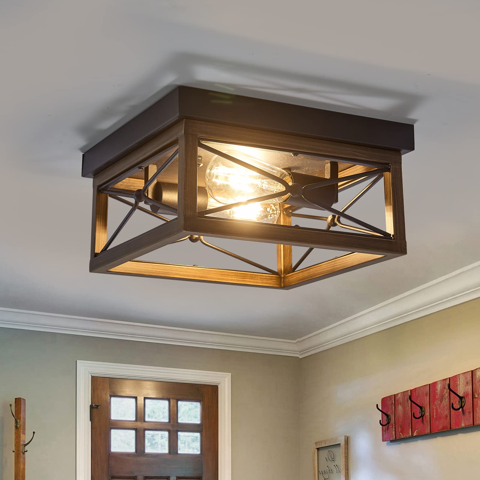 FGSADI Retro Farmhouse Flush Mount Ceiling Light,2-Light Metal Rustic Vintage Ceiling Light, Close to Ceiling Light Fixture for Hallway Entryway Bedroom Kitchen Island Dining Room.