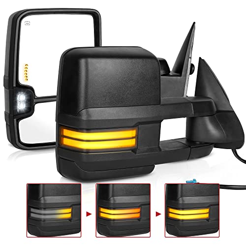 YITAMOTOR Towing Mirrors Compatible with 2003-2006 Chevy Silverado GMC Sierra 1500 2500 3500, 03-06 Tahoe Suburban Yukon Power Heated LED Dynamic Sequence Turn Signal Lights Tow Mirror Pair Set Black