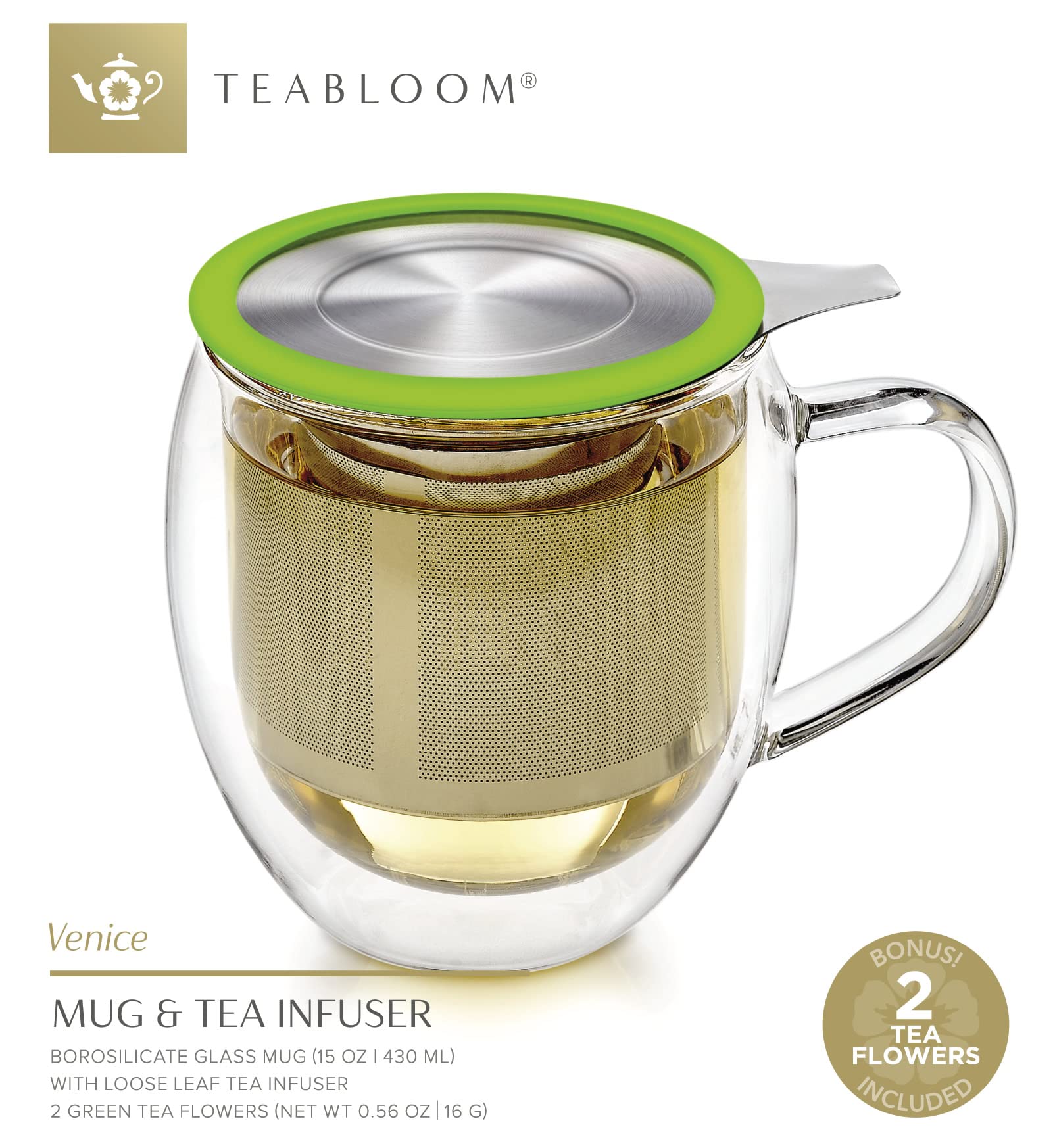 Teabloom Double-Wall Borosilicate Glass Mug with Stainless Steel Infuser and Lid β 15 OZ / 430 ML β 2 Gourmet Tea Flowers Included
