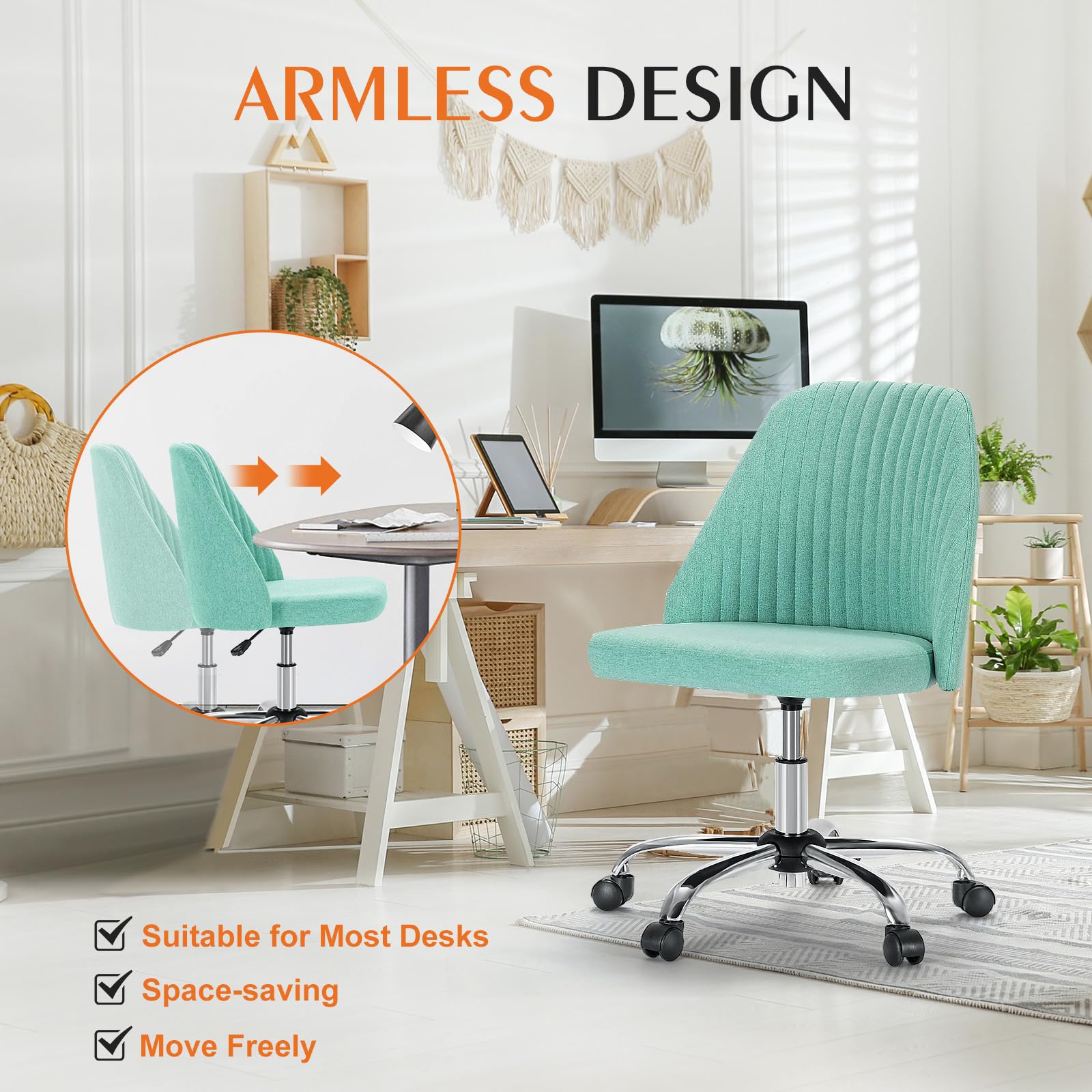 Sweetcrispy Armless Office Chair Modern Fabric Home Office Desk Chairs, Cute Desk Chair with Wheels Adjustable Swivel Task Computer Vanity Chair for Small Spaces