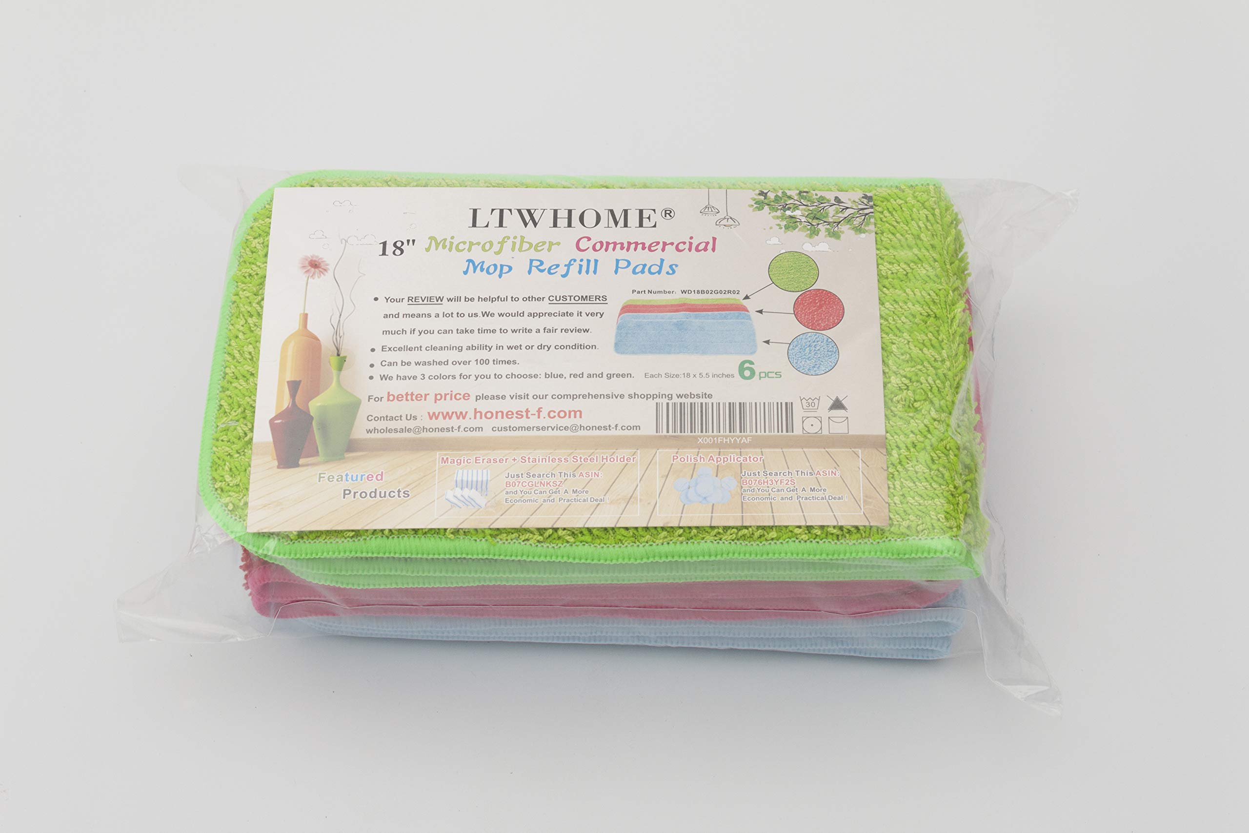 LTWHOME 18" Multi-Color Combination Microfiber Commercial Mop Refill Pads Fit for Wet or Dry Floor Cleaning (Pack of 6)