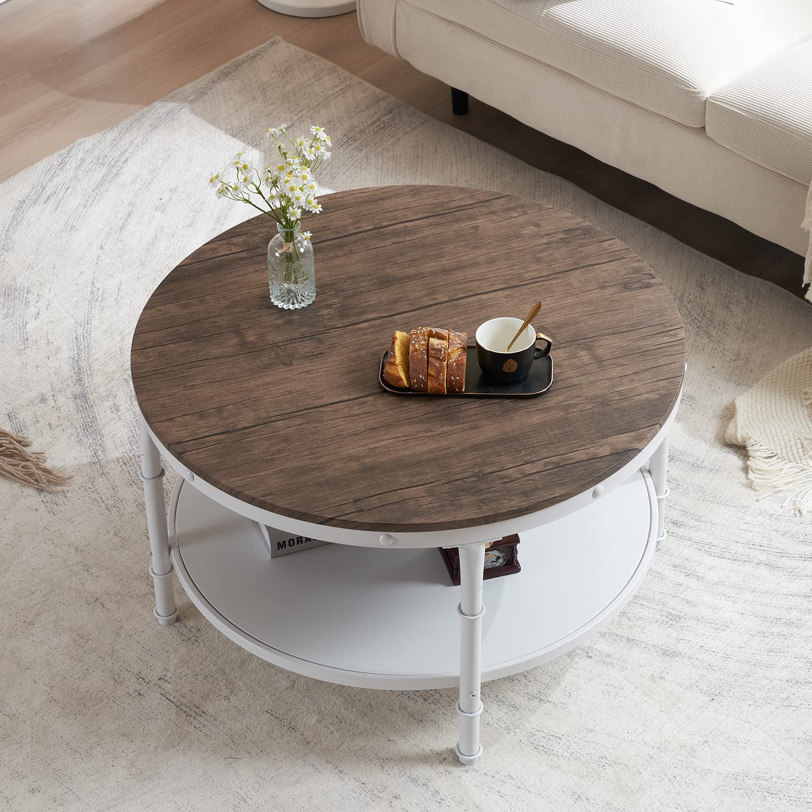 VINGLI 31.5" Dark Walnut White Round Farmhouse Coffee Table, 2-Tier Storage Wood Center Circle Accent Table for Living Room, Bedroom, Apartment, Studio and Small Spaces, Sturdy Metal Frame