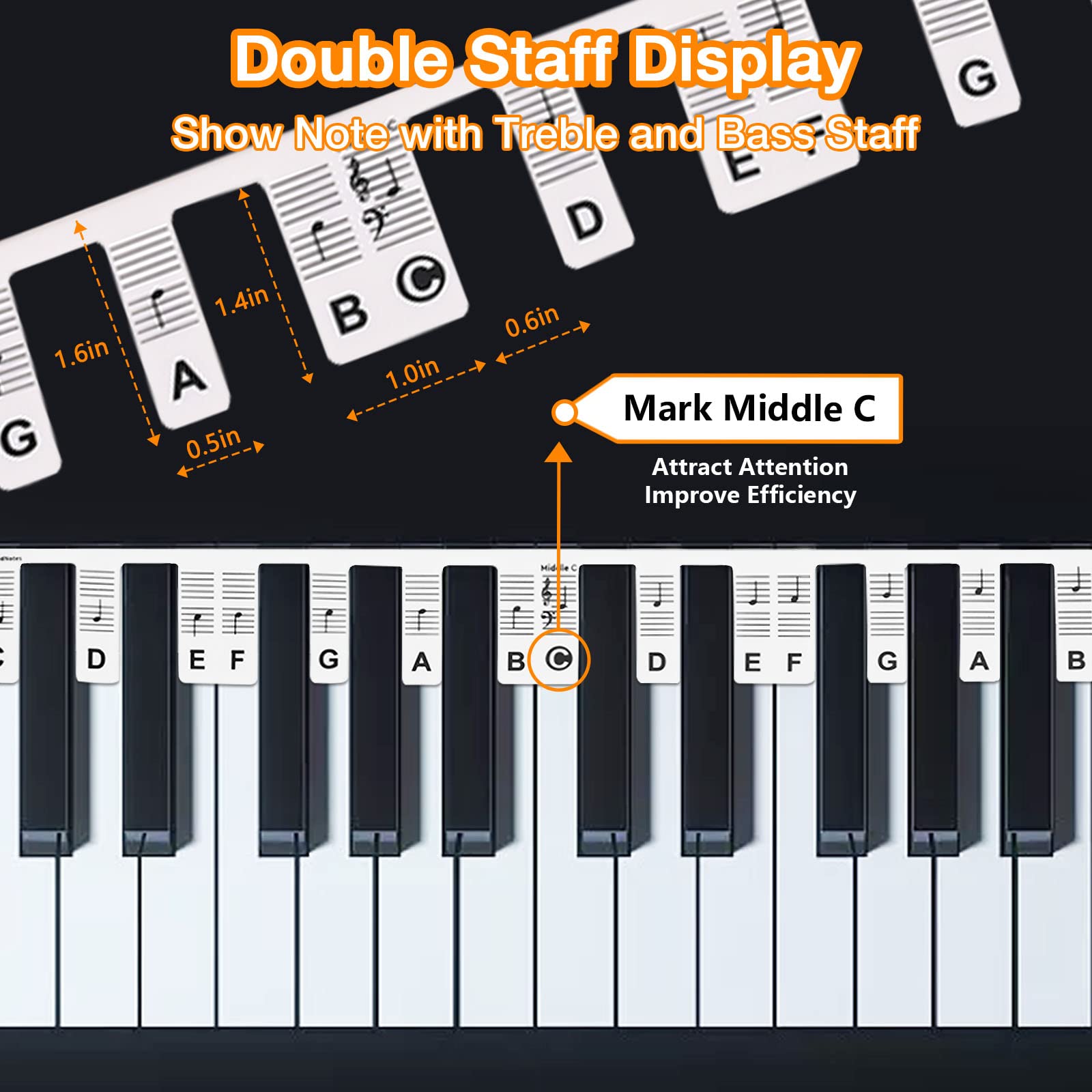 Hiyibo Piano Notes Guide for Beginner, Removable and Reusable Piano Keyboard Stickers Rakes Guide for Learning, Piano Keyboard Note Labels for 61/88 Key Full Size, Made of Silicone (Classic Black)