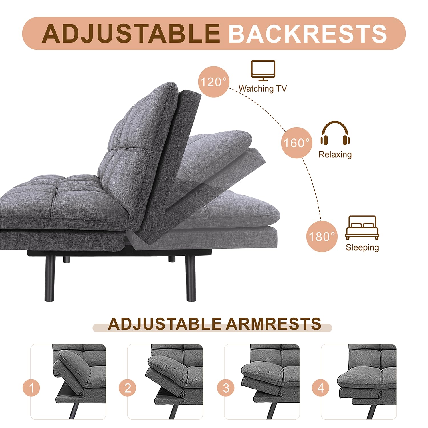 MUUEGM Futon Sofa Bed, Convertible Futon Memory Foam Futons, Bed Couch Modern Loveseat Sofa,Comfy Sleeper Sofa for Small Space, Living Room,Easy Assembley, Grey
