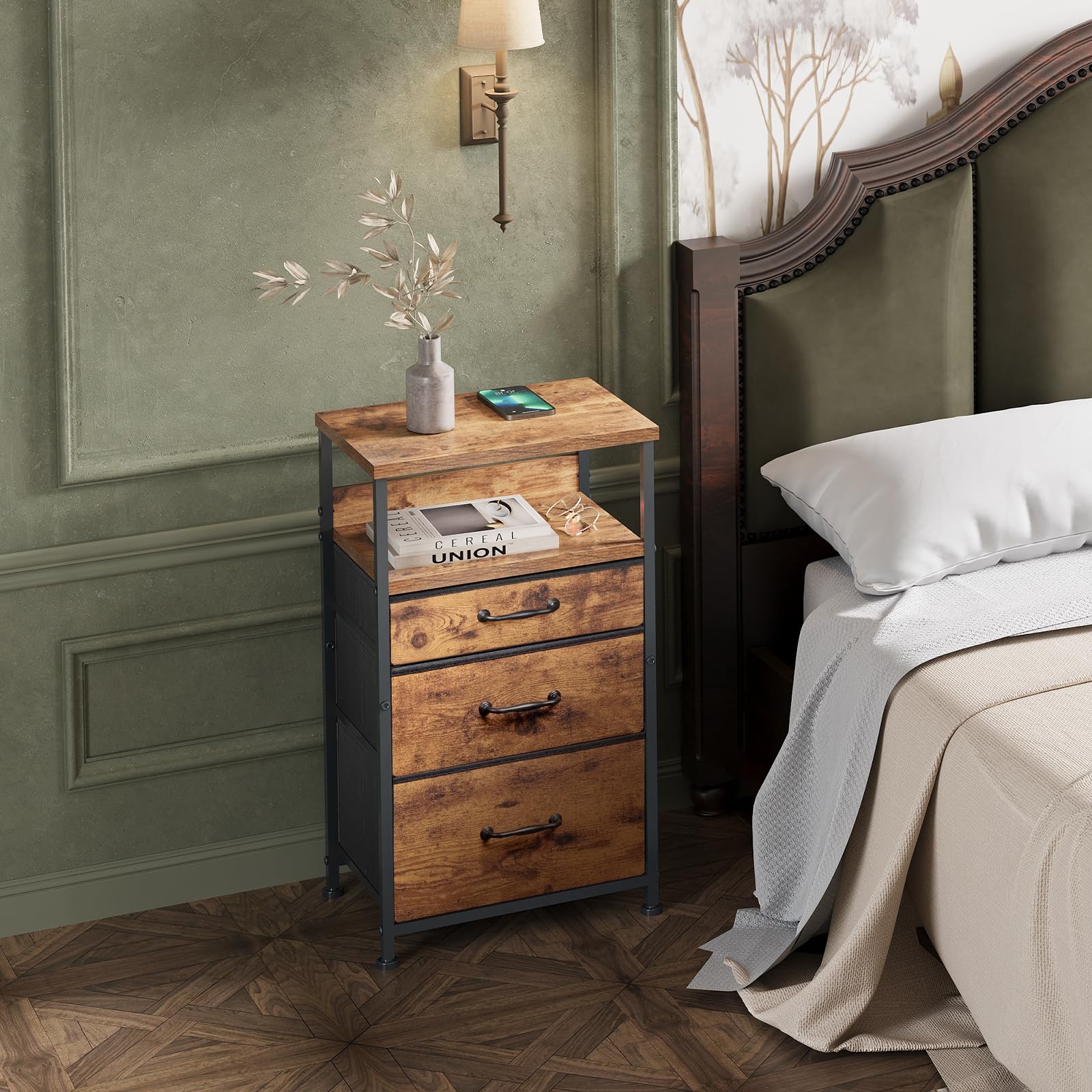 YeTom Nightstand, Bedside Table with 3 Fabric Drawers, Side Table with Open Shelf, End Table with Steel Frame,3 Drawer Dresser for Bedroom, Entryway, College Dorm, Easy Assembly,Brown