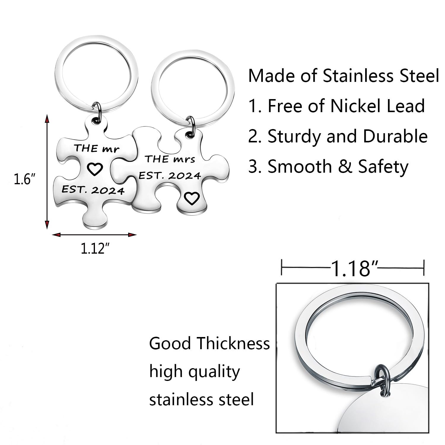 FUSTMW Couple Wedding Gifts Mr Mrs Est 2024 Keychain Set Newlyweds Gifts Wife Husband Engagement Gifts (Silver)