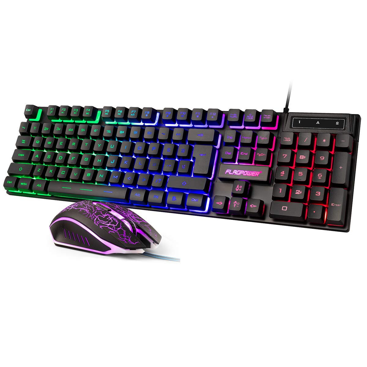 FLAGPOWER Gaming Keyboard and Mouse Combo, Rainbow Backlit Mechanical Feeling Keyboard with 4 Colors Breathing LED Backlight Mouse for PC Laptop Computer Game and Work