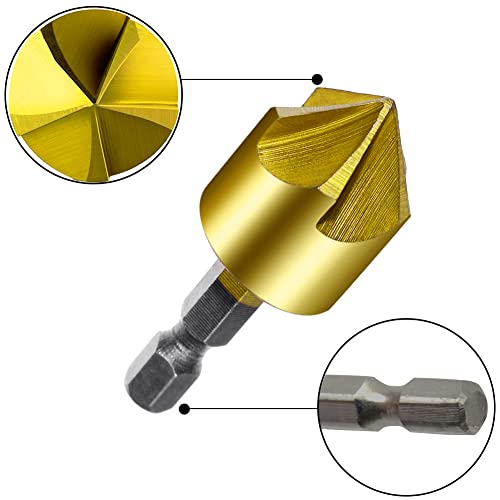 Kigauru 6 Pcs Countersink Drill Bit Set 1/4 Inch Hex Shank 90 Degree Sets High Speed Steel 5 Flute Countersink Bit Wood Quick Change Bit 6mm-19mm with 1 Pcs Automatic Center Punch Tool
