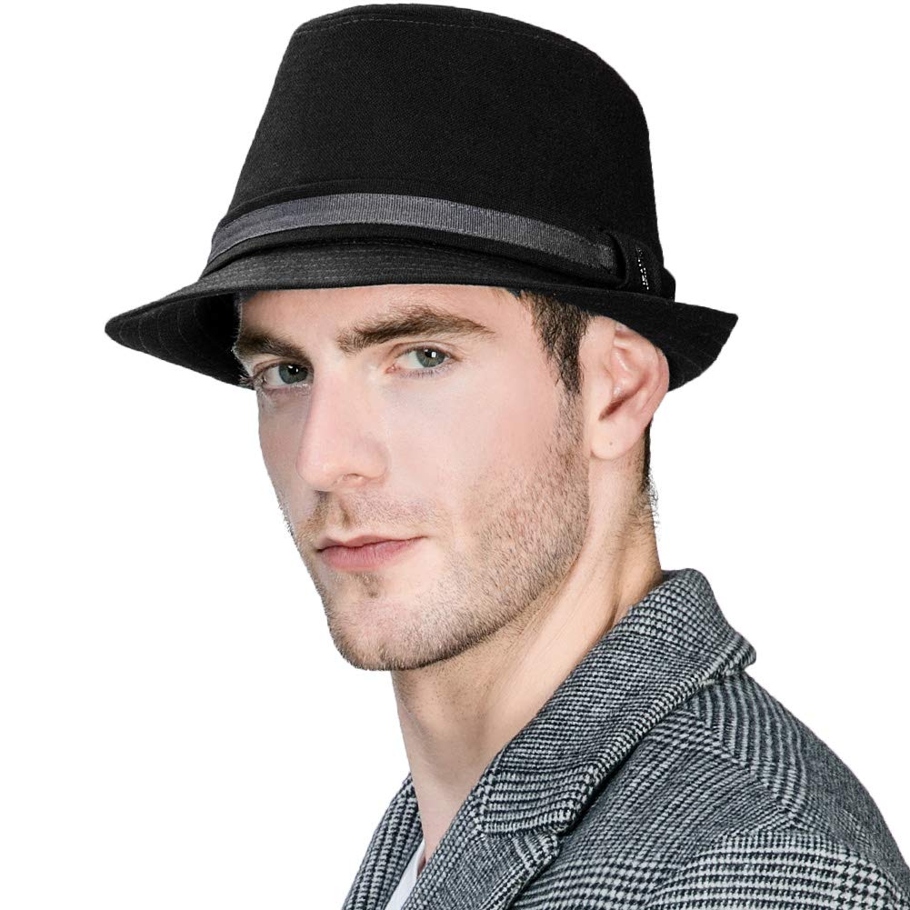 Fancet Mens Large 1920s Black Fedora Packable Manhatten Gatsby Gangster Trilby Winter Derby Jazz Dress Hat