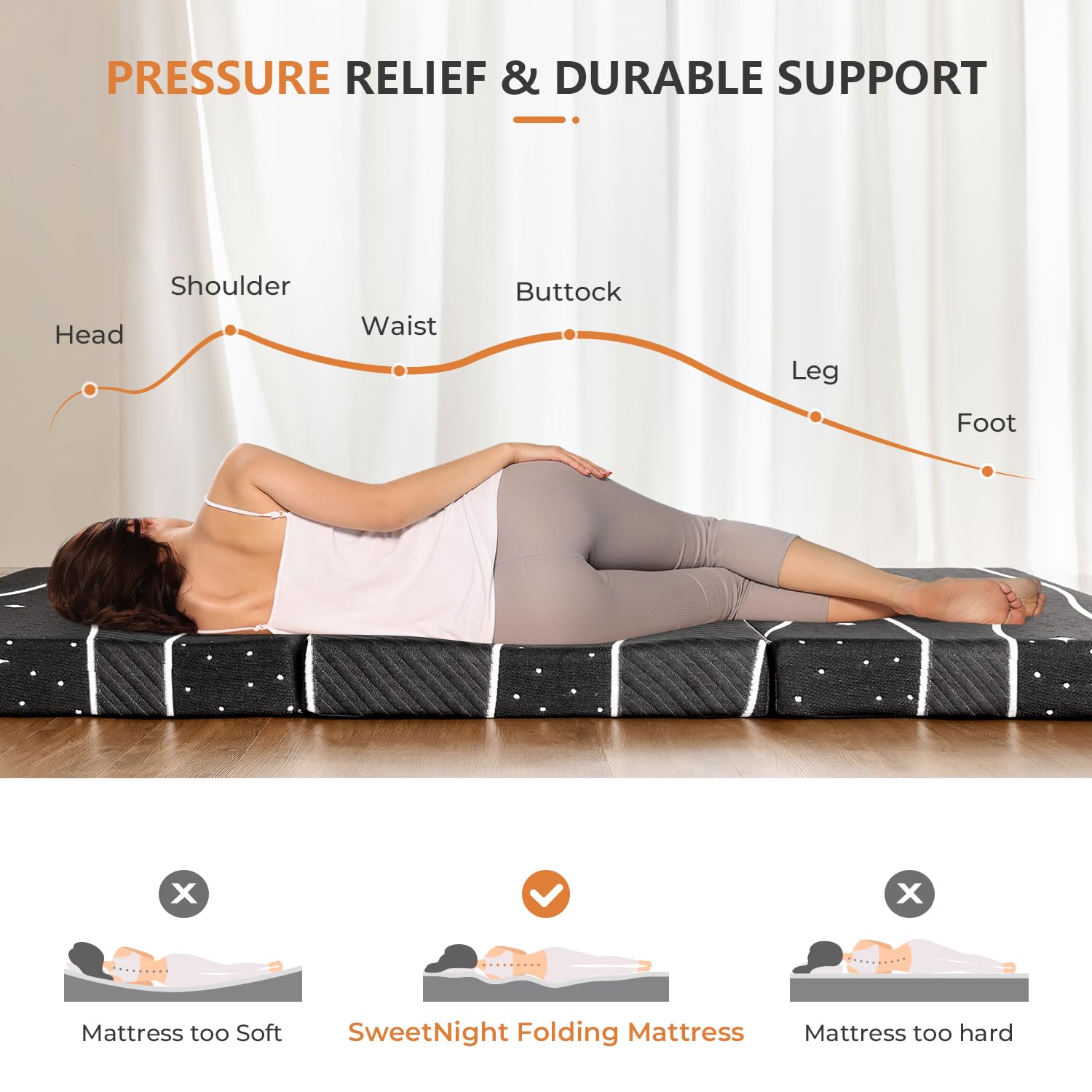Sweetnight Portable Tri Folding Mattress Foldable - 4-inch Foldable Mattress with Removable & Breathable Cover | Comfy Soft Double-Sided Tri-Fold Mattress |Star Pattern(TXL)