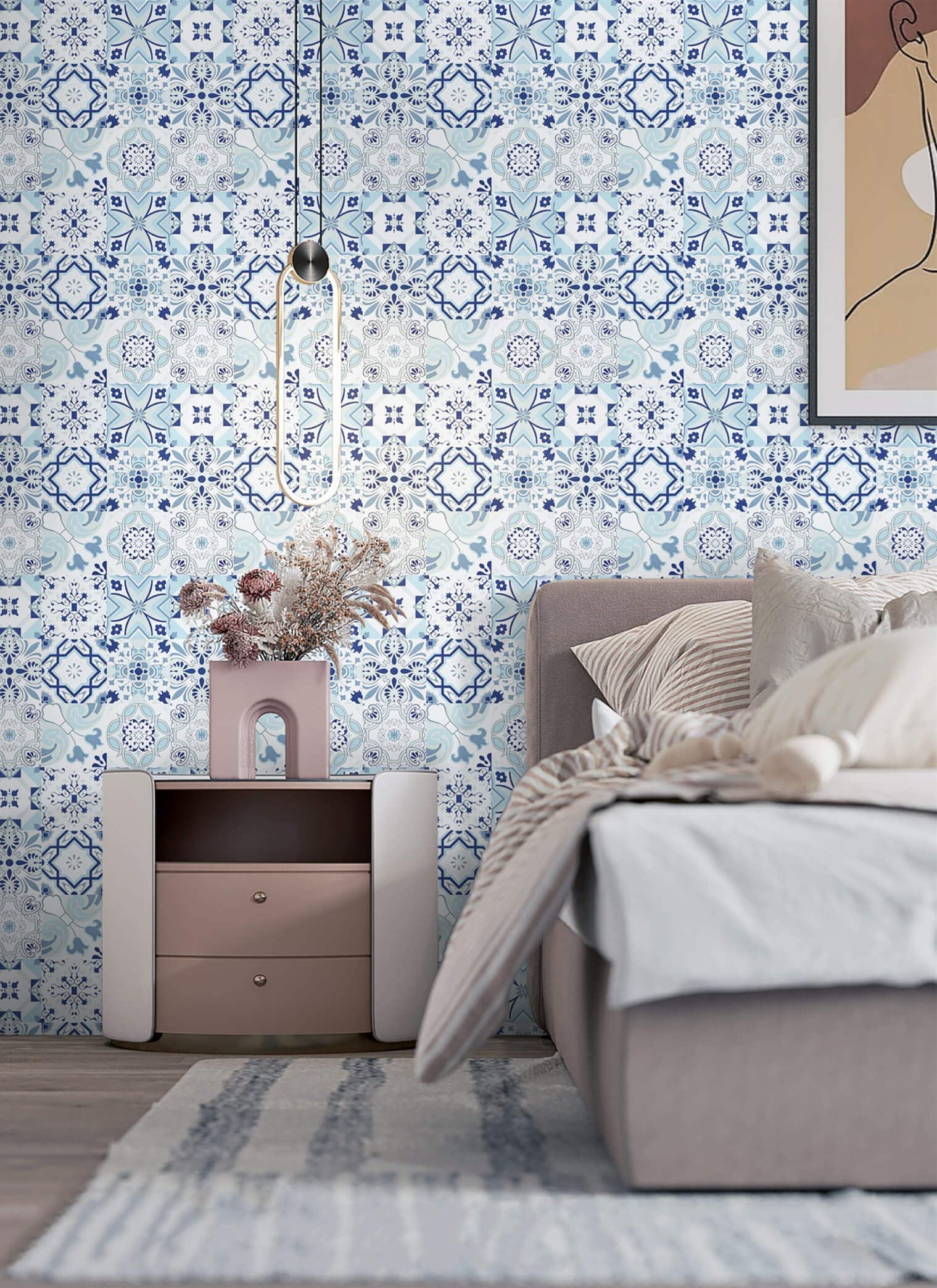 Dimoon Wallpaper 17.7’’x78.7’’ Contact Paper Thicken Blue White Floral Flower Tile Peel and Stick Removable Wall Waterproof Embossed Self Adhesive Vinyl