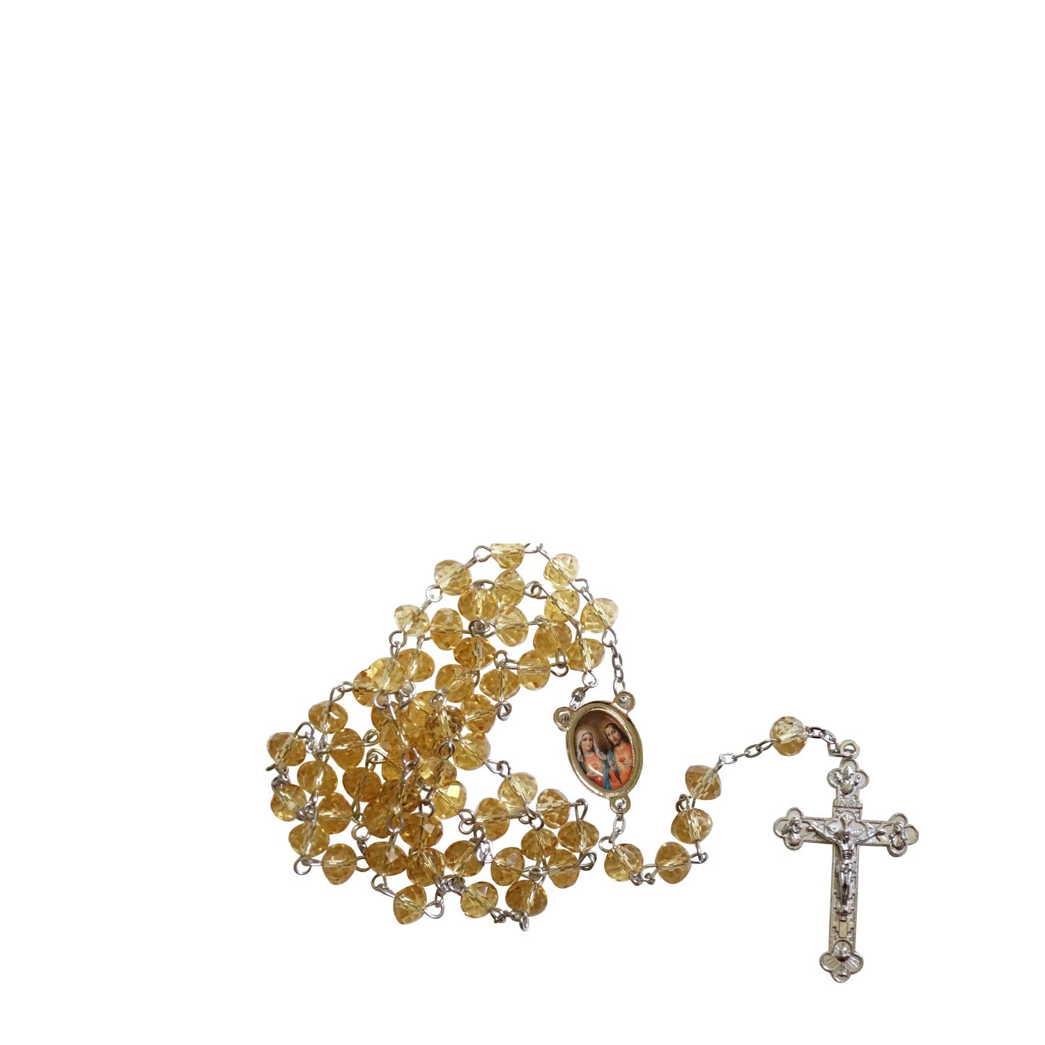 Gifts by Lulee, LLC The Sacred Hearts of Jesus and Mary Yellow Scapolite Faceted Rondelle 8mm Beads Rosary with Silver Plated Tertium Millenium Crucifix and Medal Centerpiece includes a Blessed Card