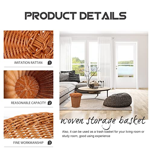 OUNONA Woven Storage Baskets with Lid: Round Wicker Waste Paper Basket Wastebasket Garbage Bin Trash Can for Bedroom Bathroom Kitchen Home Office