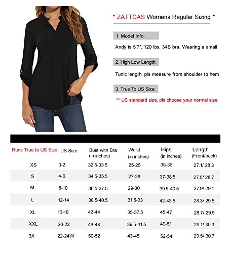 Zattcas Womens Floral Printed Tunic Shirts 3/4 Roll Sleeve Notch Neck Tunic Top,Solid Black,XX-Large