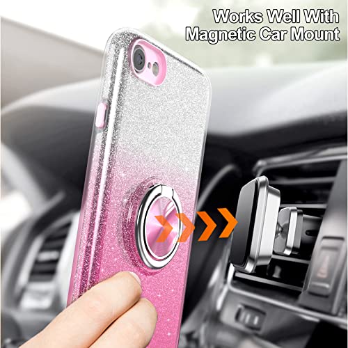 PeeTep iPhone SE 2020 Case,iPhone SE 3 Case Glitter for Girls,iPhone 8 Case,iPhone 7 Case,Slim Sparkly Case with 360°Ring Holder Kickstand Magnetic Car Mount Shock-Absorbent Durable Cover, Pink